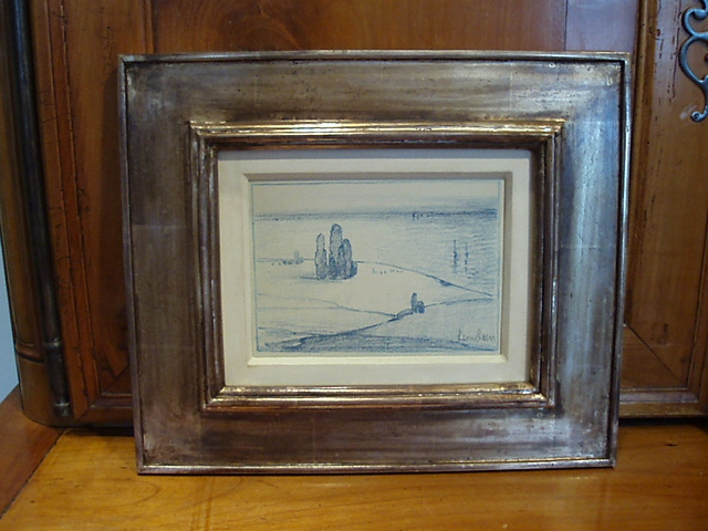 Item #AT-0188 "Riverside Landscape with Two Boats" Colored Crayon on ...