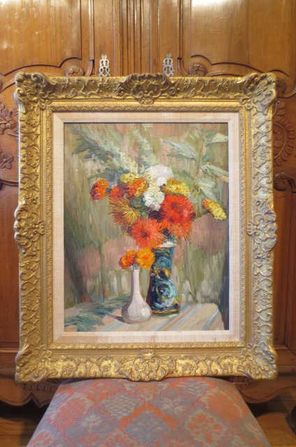 "Item #AT-0243-"Floral Still Life with Two Vases" Oil on Board by Leon ...