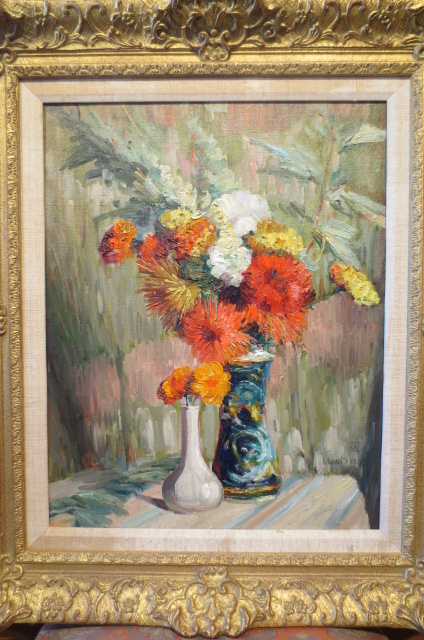 "Item #AT-0243-"Floral Still Life with Two Vases" Oil on Board by Leon ...