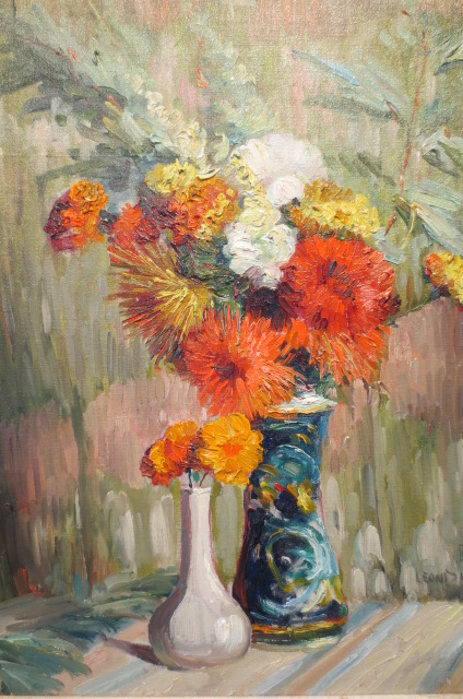 "Item #AT-0243-"Floral Still Life with Two Vases" Oil on Board by Leon ...